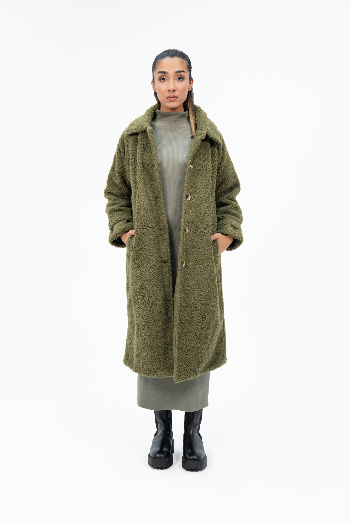 Sherpa Long Coat - Olive – Nine Ninety Nine